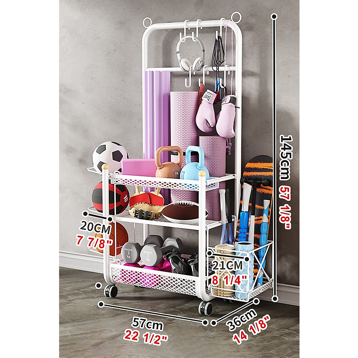 Multifunctional Yoga Accessories Storage Racks, Dumbbells Kettlebells Foam Roller Storage Organizer, Home Gym Fitness Class Rack with Wheels