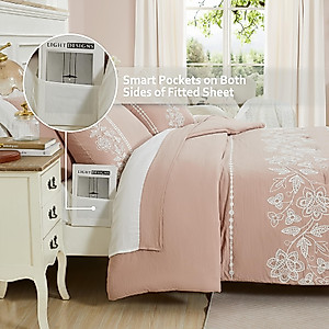 MAIREVE Blush Pink Comforter Set Queen 7 Piece with Deco Pillow, Farmhouse Floral Embroidery Comforter Set Queen Size, All Season Bed in A Bag Queen Size, Bedding Set 7 Pieces 90"x90"(Pink, Queen)