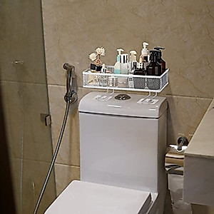 BSTKEY Metal Mesh Bathroom Over The Toilet Storage Shelf, Bathroom Storage Rack Toilet Tank Shelf Organizer with 2 Adhesive Hooks, Restroom Organizers Toilet Storage No Drilling Space Saver, White