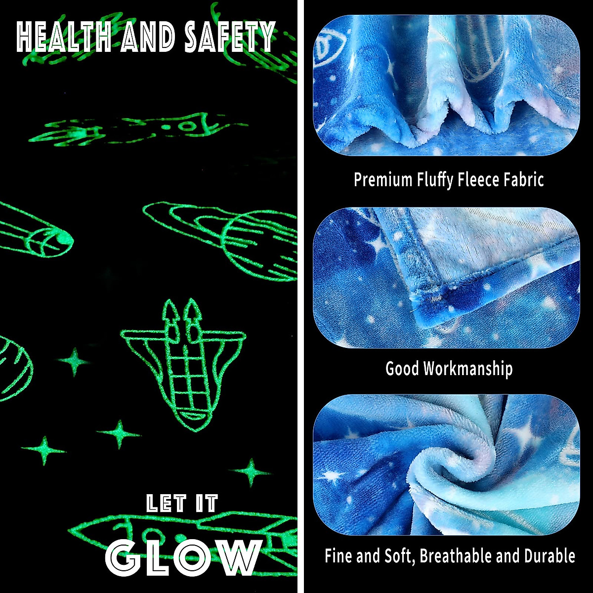 Wesan Glow in The Dark Galaxy Blanket Space Gifts for Kids Boys Girls Outer Space Planets Spaceships Astronomy Starry Sky Throw Birthday for 1-13 Year Teenage Teens Blue 50"x60"