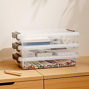 Citylife 3 PCS Plastic Storage Bins with Latching Lids Portable Project Case Clear File Box Stackable Storage Containers for Organizing A4 Paper, Photo, Document, Scrapbook