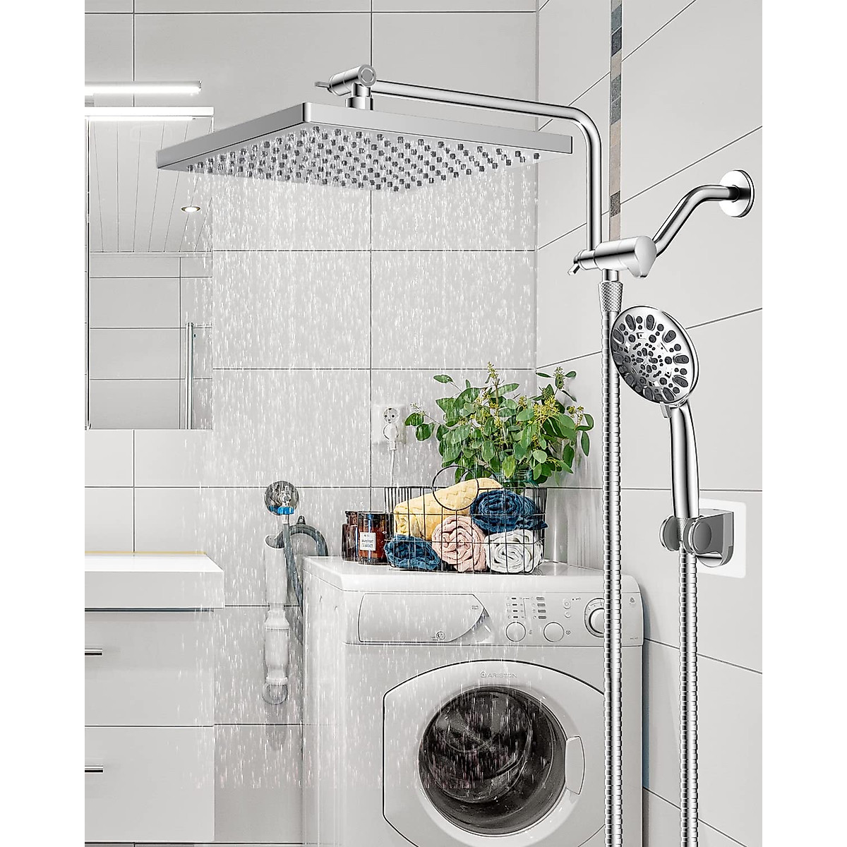 Hibbent Metal Thickness Shower Head, 10'' High Pressure Rainfall Shower Head/Handheld Showerhead Combo with 12'' Adjustable Shower Extension Arm, 7-Spray, 71'' Hose, Showerhead Holder, Chrome