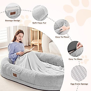 Human Dog Bed for People Adults, Giant Bean Bag Bed with Blanket 72"x48"x10", Washable Faux Fur Nap Bed Adult Oval for People, Families, Pets Removable Large Memory Foam Human Sized Dog Bed Grey