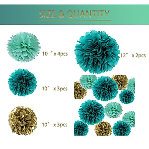 12PCS Teal Turquoise Aqua Gold Party Paper Flowers Streamers Pom Poms for Backdrop Birthday Wedding Baby Bridal Shower Bachelorette Christmas Nursery Wall Hanging Décor