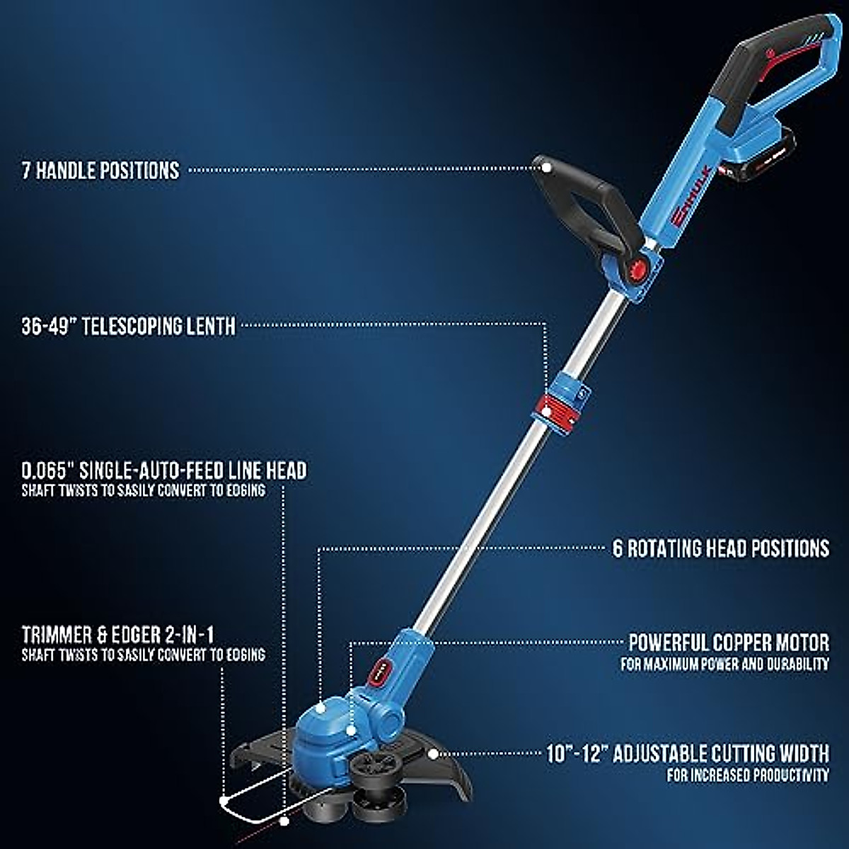 Enhulk 12 Inch Cordless String Trimmer/Edger, 20V Weed Wacker Eater Battery Powered Grass Trimmer with Auto-Feed, Mini-Mower for Lawn Care and Yard Work (Battery & Charger Included)