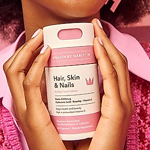 Health by Habit Hair, Skin and Nails Supplement 2 Pack (120 Capsules) - Biotin 2000mcg, Vitamin A, Vitamin B, Vitamin C, Hyaluronic Acid, Rosehip, and Alo Vera, Vegan, Non-GMO, Sugar Free (2 Pack)