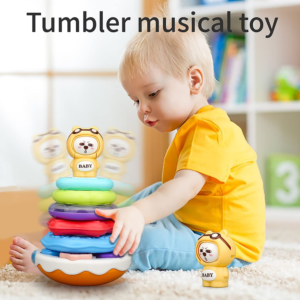 LZZAPJ Stacking Rings Baby Toy, Toddler Educational Learning Shape Sorter and Stacker Playset, Infant Face Changing Wobble Tumbler Musical Toy, Sensory Montessori Toys for Babies 6-12 Months Boy Girl