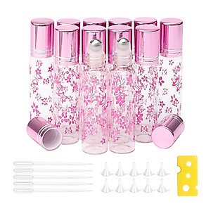 JIUWU 10ml/0.34oz Refillable Glass Roller Bottles, Pink Glass Roll on Bottles Empty Essential Oil Perfume Glass Sample Vials, with Funnel Dropper Opener, Pack of 12
