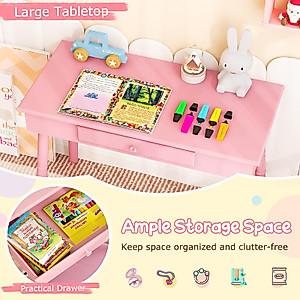 HONEY JOY Pink Crown Makeup Vanity, Includes Chair & Real Glass Mirror, Large Engineered Wood Kids' Vanity Set, Safe & Sturdy, Easy to Install & Clean, Pink