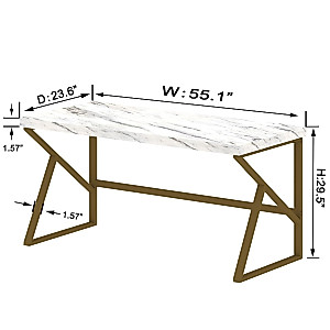 HSH White Faux Marble and Gold Desk, Modern Home Office Executive PC Laptop Computer Desk, Farmhouse Writing Study Work Gaming Table for Bedroom Living Room, Simple Metal Wood Workstation, 55 Inch