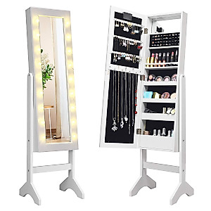 Giantex Standing Jewelry Armoire with 18 LED Lights Around the Door, Large Storage Mirrored Jewelry Cabinet with Full Length Mirror, 16 Lipstick Holders, 1 Inside Makeup Mirror (White)