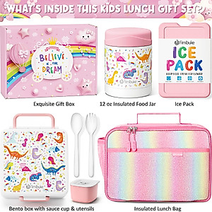 Fimibuke Kids Bento Snack Lunch Box with 4 Compartment, Insulated lunch Bag, Stainless Steel Vacuum Thermos Food Jar, Ice Pack, Utensils Set, Birthday Gift for Age 3-12 Back to School Toddler Girl Boy