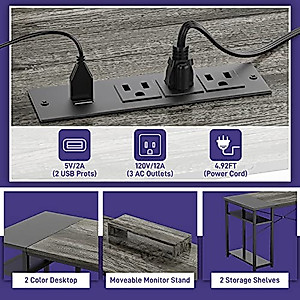 Cyclysio L Shaped Desk with Power Outlets and USB Ports, Reversible L Shaped Gaming Computer Desk with LED Light, 83.5'' Large 2 Person Desk with Monitor Stand, L-Shaped Corner Desk, Grey and Black