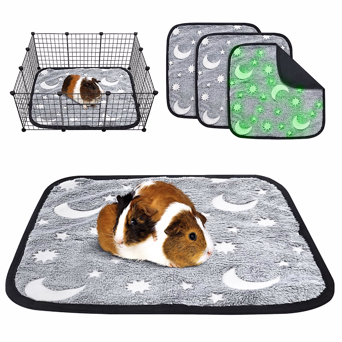 3PCS Guinea Pig Bedding Glow in Dark Small Pet Warm Liners Washable Hamster Bedding Pads, Absorbent & Anti Slip Rat Dragon Luminous Bedding Playing Mats for Small Animals, 14 inch