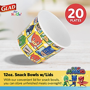 Glad for Kids 12 oz PJ Masks Comics Paper Snack Bowls with Lids, 20 Ct | Disposable Paper Bowls with Lid with PJ Masks Superhero Comics Design | Kids Snack Bowls for Everyday Use