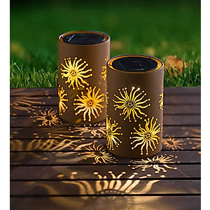 pearlstar Outdoor Solar Table Lamp 2pack Metal Sunflower Shape Solar Lantern Lights, Retro Orange Finish, Outside Decor for Patio Garden Yard Pathway Tabletop Waterproof(Sunflower)