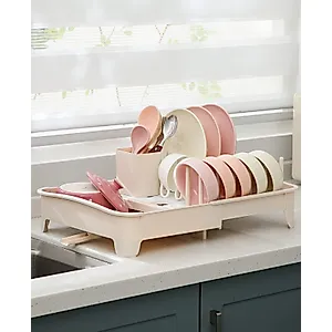 Outlet Dish Drying Rack - Large Adjustable Dish Rack Expandable Plastic Dish Drainer for Kitchen Counter with Utensil Holders, Detachable Space Saving Kitchen Organizer for Bowls Plates (Apricot)