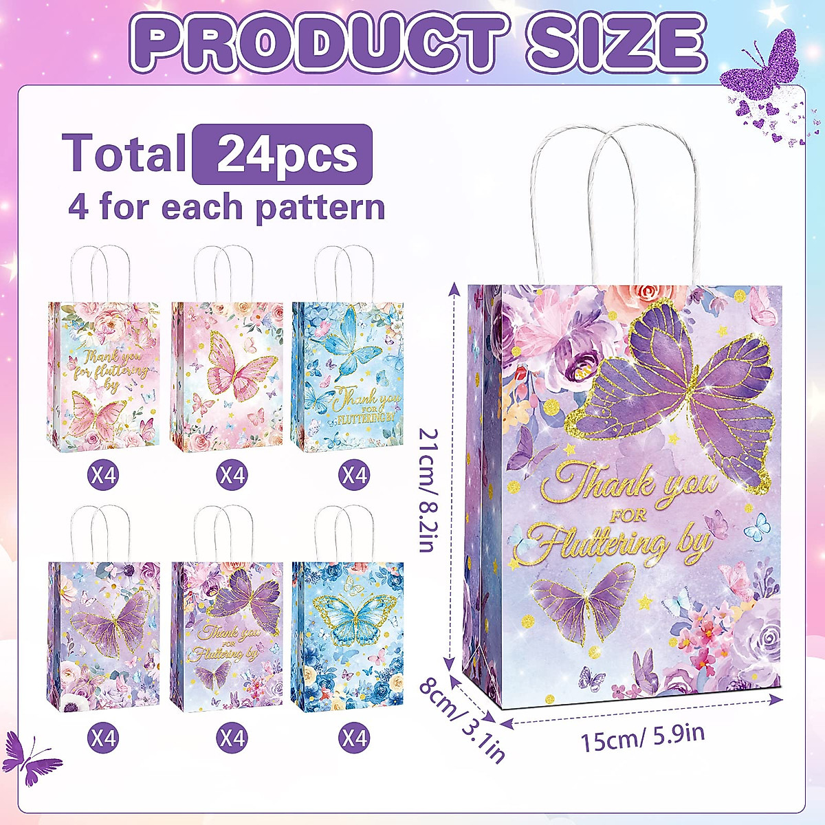 Outus 24 Pcs Butterfly Party Gift Bags Pink Purple Blue Party Gift Goodie Bags Thank You for Fluttering by Gift Bags with Handle for Butterflies Birthday Party Baby Shower Decoration