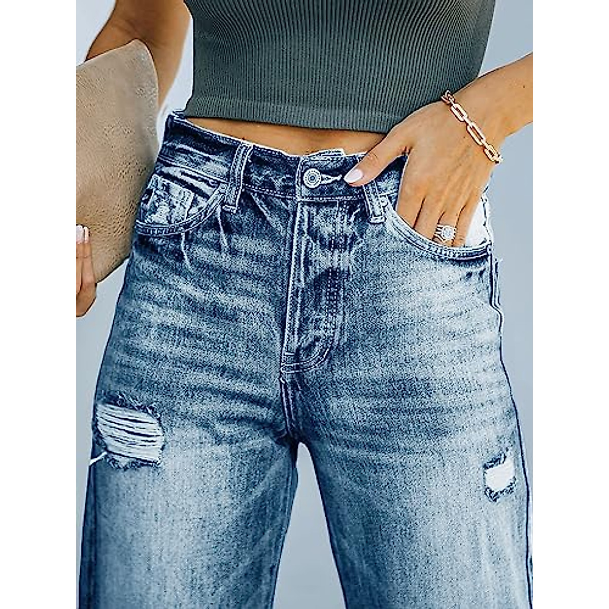 PLNOTME Women's High Waisted Boyfriend Jeans Baggy Wide Leg Ripped Casual Distressed Denim Pants Blue