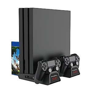 navor Multifunctional Cooling Stand Compatible with PS4/ PS4 Slim/ PS4 Pro, Vertical Cooler Fan and Controller Charging Station with LED Indicators, Dock Stand with 12 Pieces Games Storage