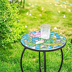 VCUTEKA Mosaic Patio Side Table Outdoor Accent Table Bistro Coffee Table Plant End Table Small Porch Table Indoor Round Glass Balcony Hummingbird Plant Table Stands
