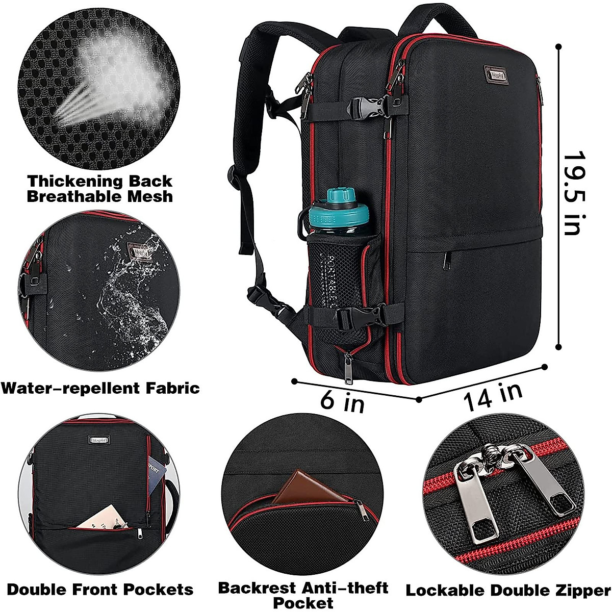 Carry on Backpack, Airline Flight Approved Travel Backpack for Women Men, 40L Extra Large Expandable Water Resistant Luggage Backpack Lightweight Daypack Perfect Fit for 17 17.3 Inch Laptop, Black