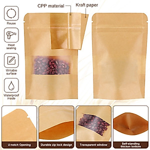 Geosar 450 Pcs Kraft Bags with Window Kraft Stand up Paper Pouches Bulk 3.5 x 5.5 in Zipper Lock Bags with Tear Notch Resealable for Food Reusable Sealable Treat for Home Business Package Storage
