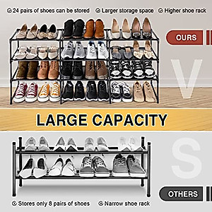 HOUSE AGAIN 4 Tier Long Shoe Rack for Closet, Shoe Shelf 24-Pairs Wide Non-Woven Cloth Max Weight 100LBS, Storage Organize for Floor, Bedroom, Entryways, Garages, Dorm, Apartments, Black