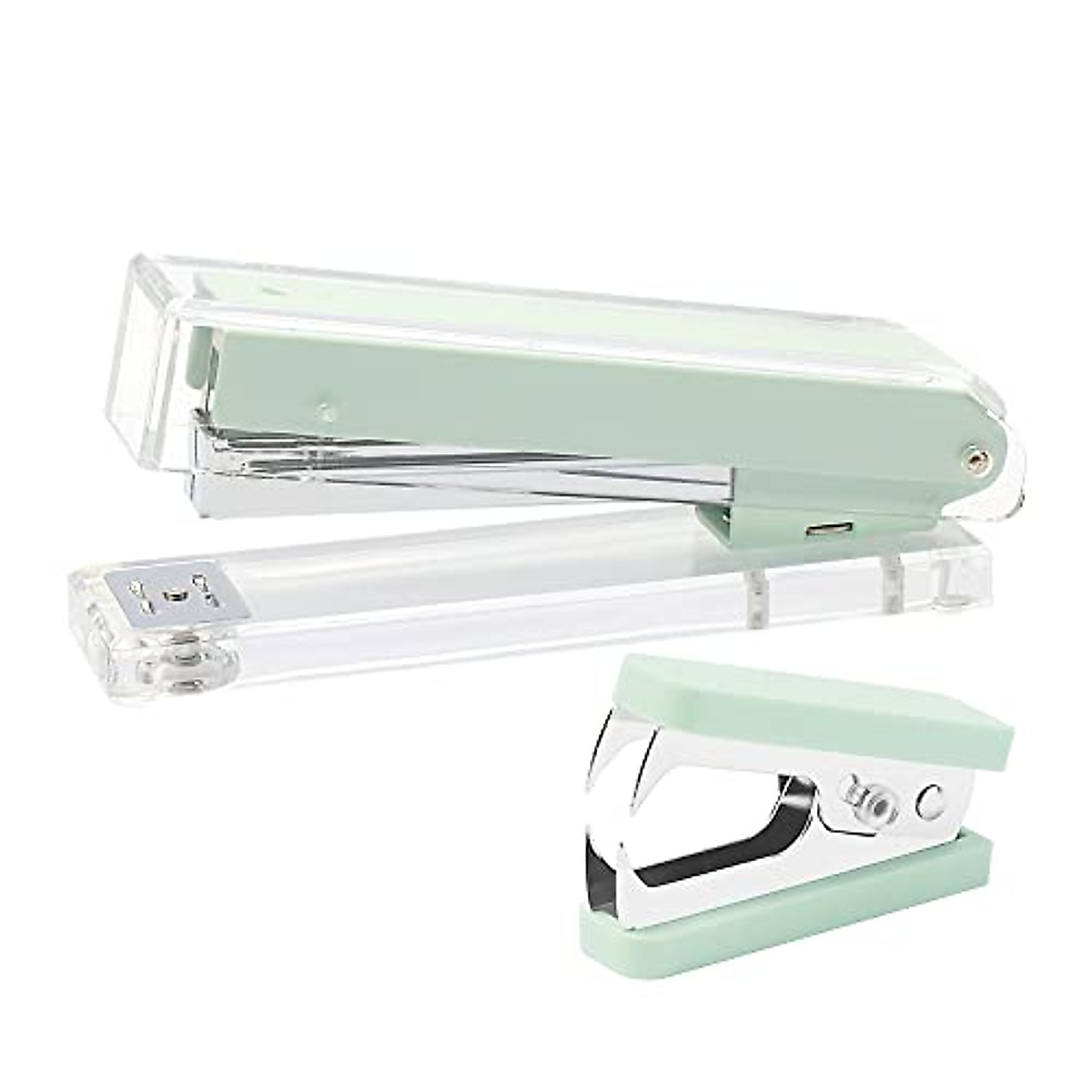 Mint Green Desk Stapler Staples Remover Set Clear Acrylic Body Metallic Stapler Manual Stapling tool with Staple Remover Kit for Home School Office Desktop Accessories Stationery Supplies (Mint Green)