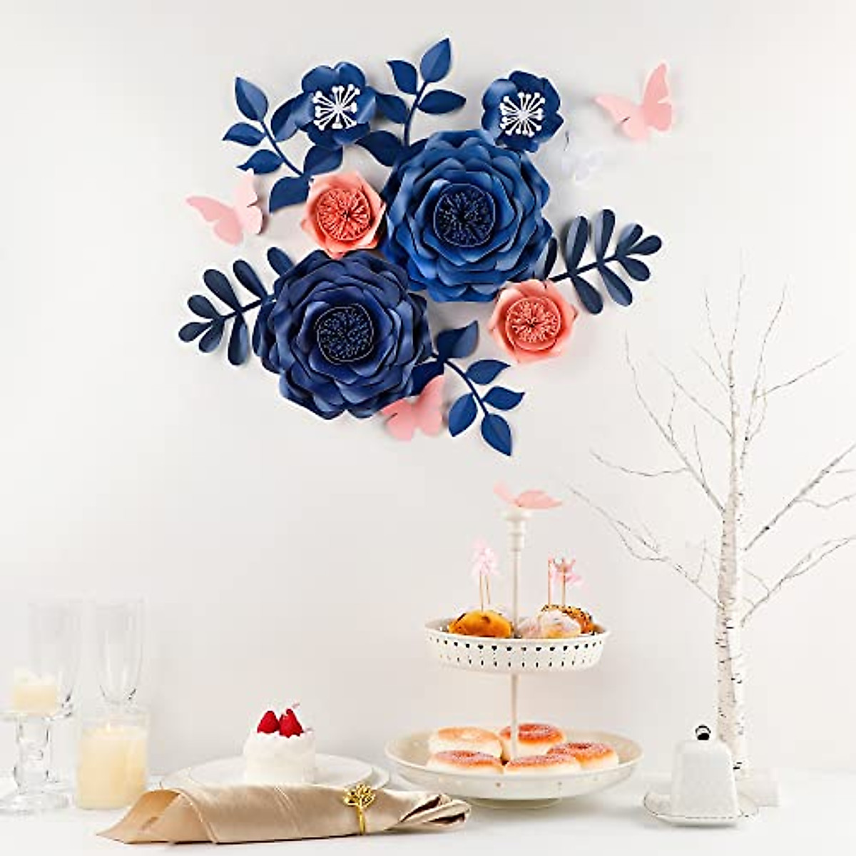 Fonder Mols Giant 3D Paper Flowers Decorations for Wall (Navy Blue & Pink, Set of 16), Baby Boy Shower, Nautical Wedding & Bridal Shower, Shark Birthday Party Photobooth Backdrop(NO DIY)