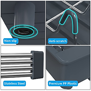 ROTTOGOON Dish Drying Rack, Stainless Steel Large Dish Rack, Expandable (12.8"-19.1") Dish Drainer with Swivel Spout, Utensil Holder, Cup Holder and Wine Glass Holder for Kitchen Counter Cabinet, Gray