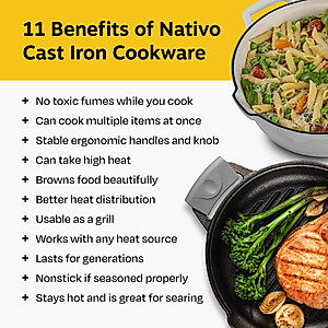 NATIVO 5pc Stackable Cast Iron Cookware Set, Versatile Enamel Dutch Oven, Seasoned Grill Pan & Enamel Braiser with Precision Pour Spouts, Universal Lid, Included Spacers/Handle Holders, White Dutch