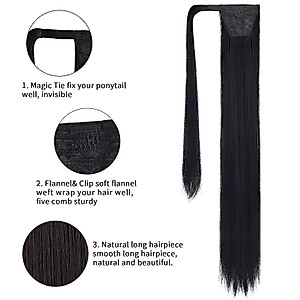 SEIKEA 35 Inch Clip in Ponytail Extension Wrap Around Long Straight Pony Tail Hair Synthetic Hairpiece for Women - Black