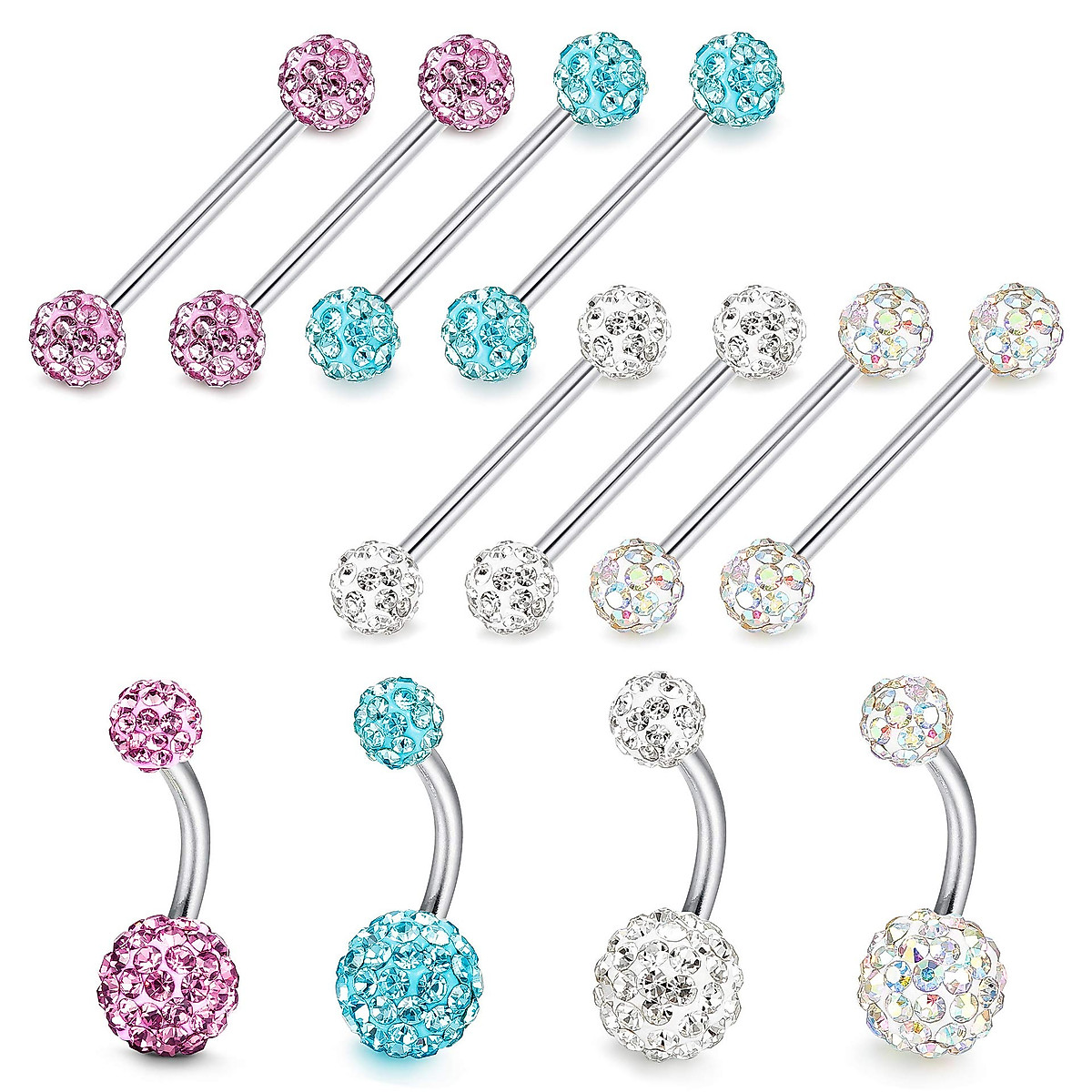 ORAZIO 14G Nipplerings Nipple Tongue Belly Button Rings Stainless Steel Rhinestone Crystal Disco Ball Barbell Body Piercing Jewelry