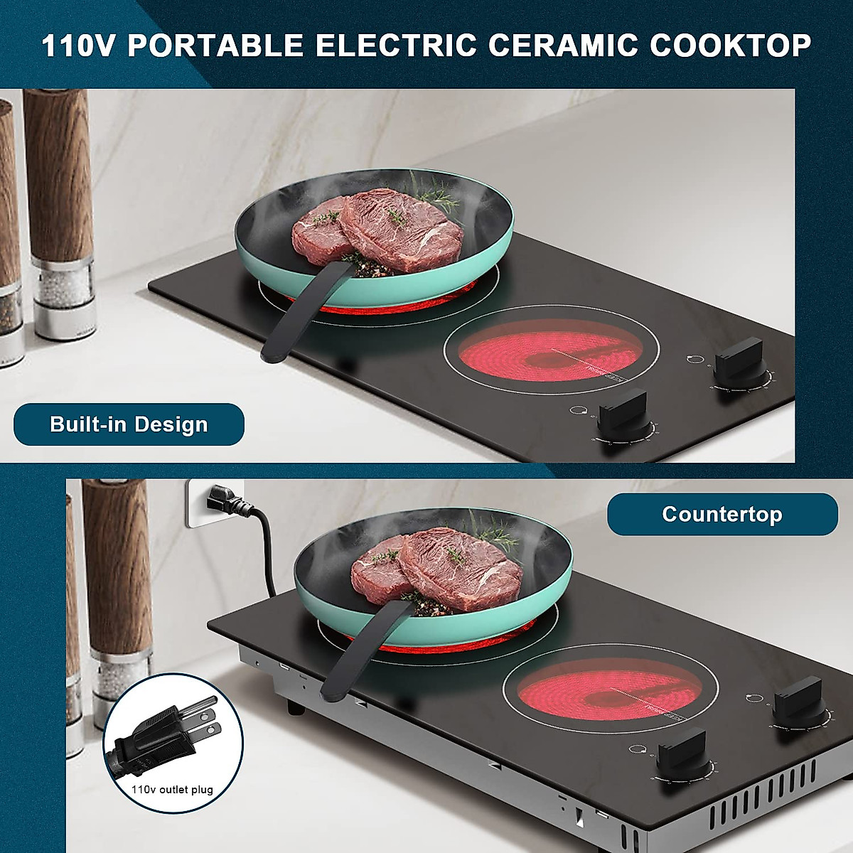 Karinear 110v Electric Cooktop 2 Burners, 12'' Electric Stove Top with Plug in, Knob Control Countertop & Built-in Ceramic Cooktop, 9 Heating Level, Hot Warning, Over-Temperature Protection