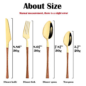 BRIIEC 24-Piece Wood Silverware Flatware Set Stainless Steel Cutlery Service for 6, Including Fork Spoon Knife Tableware, Mirror Polished,Wooden Handle with Gold Mouth