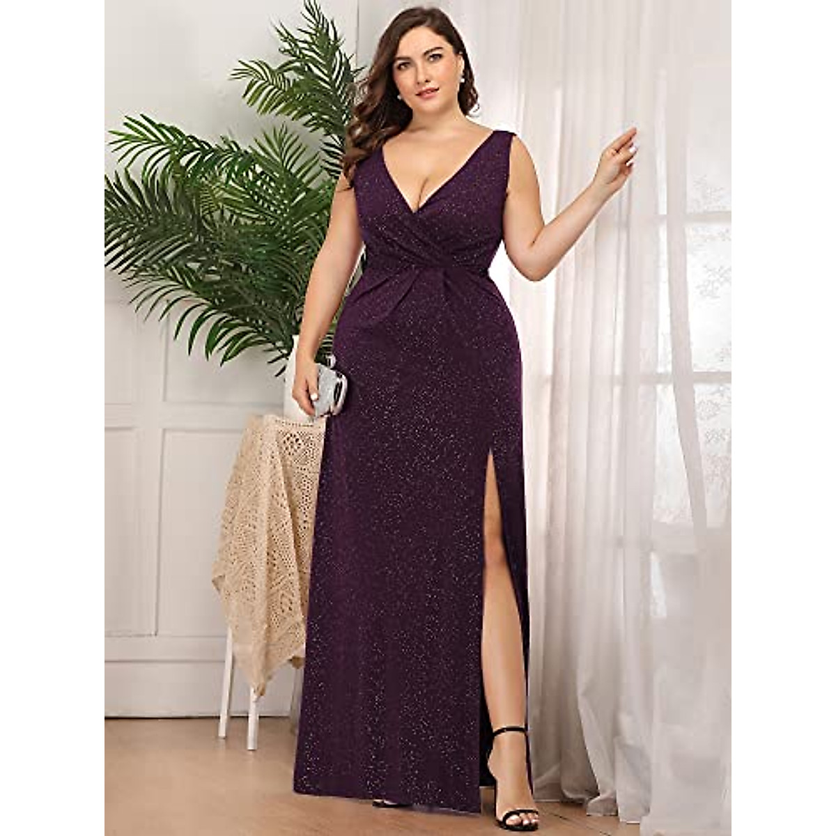 Ever-Pretty Women's Plus Size Double V Neck Sleeveless Open Back Summer Wedding Guest Dresses Dark Purple US14