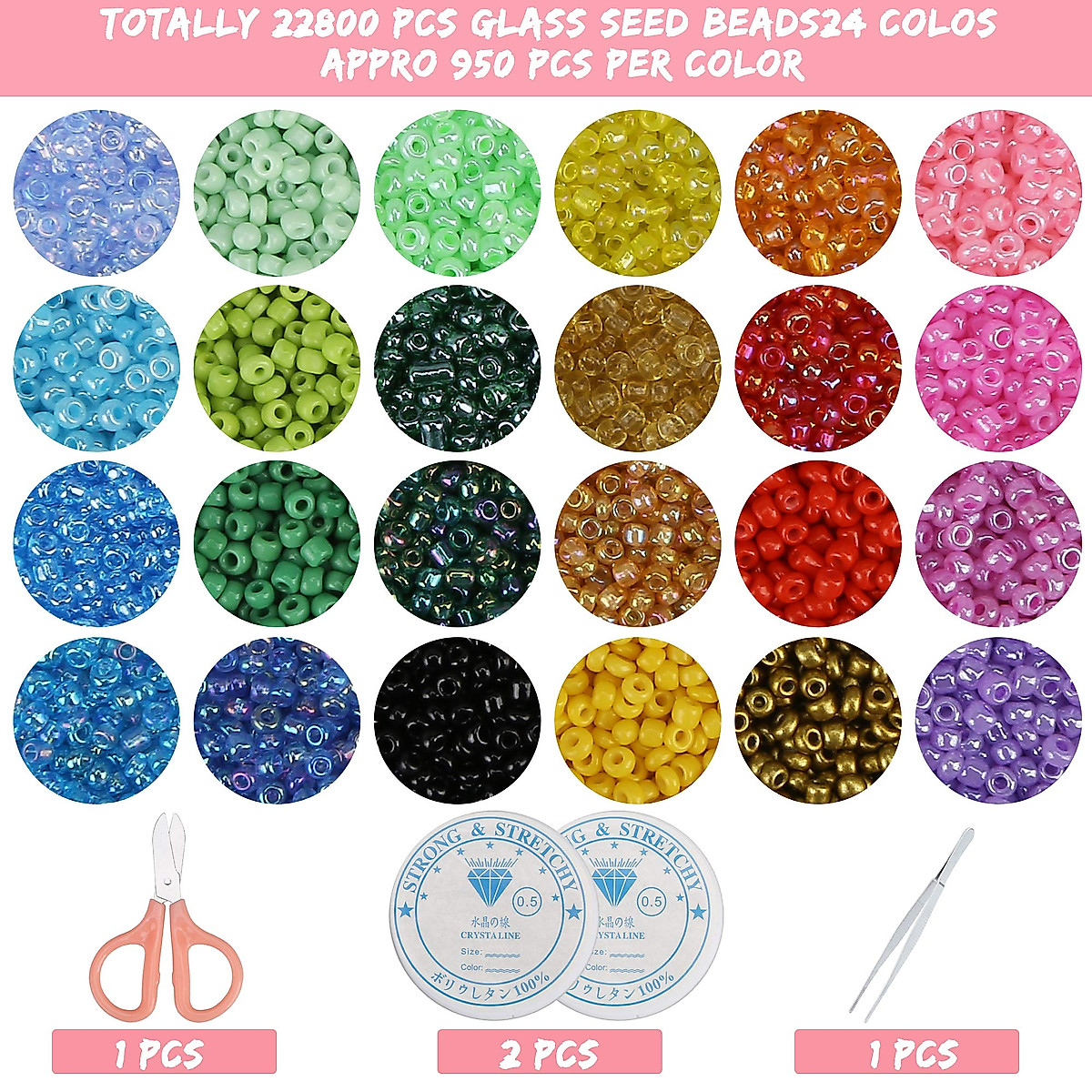 GREENTIME 22800pcs Glass Seed Beads for Jewelry Making Kit, Small Craft Beads 11/0 Waist Beads for DIY Bracelet Necklaces Crafting Jewelry Making Supplies (24 Colors)