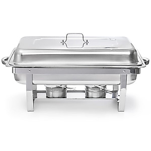 Fasmov Chafing Dish Buffet Set, 8 Quart Stainless Steel Catering Serve Chafer, Restaurant Food Warmer, Rectangular Buffet Stove with 2 Half Size Food Pans and Folding Frame