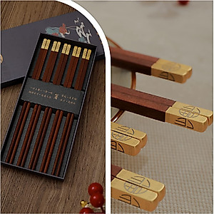 CHENWENTAO ''Fu'' chopsticks reusable gift solid wood suitable for making exquisite small gifts 5 pairs per box, reddish brown