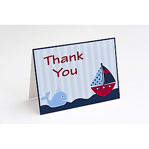 The Invite Lady Nautical Thank You Cards Baby Shower Ahoy It's A Boy Red Navy Blue Stripes Sprinkle Thanks Whale Sailboat Birthday Party Ship Boys (24 count)