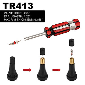 Hromee Tire Valve Stem Tool Puller and Installer Kit, 4PCS TR413 Tubeless Snap-in Valve Stem with Valve Stem Cores, Single Head Valve Core Remover and Slotted-Head Valve Cap