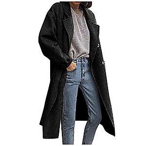Padaleks Women's Lapel Open Front Long Cardigan Trench Coat Warm Winter Outwear Jackets Double Breasted Overcoat Black
