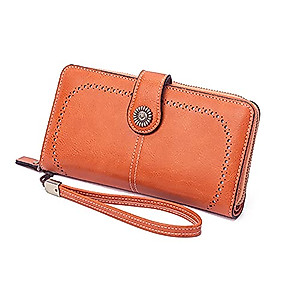 Mokoze Womens PU Leather Wallet Large Capacity Bifold Compact Credit Card Case Purse for Women with ID Window Zipper Pocket Leather Wallets Orange