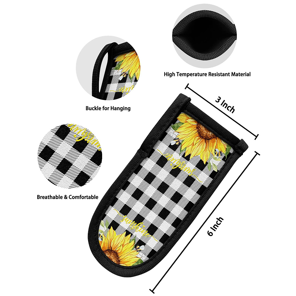 2 Pack Cast Iron Handle Cover, Sunflower Pot Holders Covers Heat Insulation, Spring Floral Summer Botanical Black Plaid Skillet Handle Cover Hot Pan Handle Sleeve for Kitchen Cooking Cookware