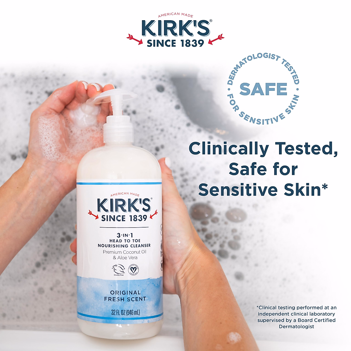 Kirk's 3-in-1 Head to Toe Nourishing Liquid Cleanser- for Men, Women & Children - Premium Coconut Oil & Aloe Vera- Non GMO & Vegan -Original Fresh Scent - 32 Fl Oz