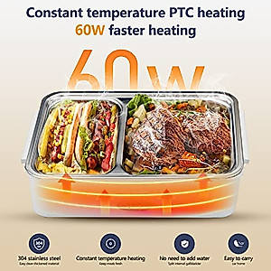 MDHAND Electric Lunch Box, Heating Lunch Box, 2 In 1 Food Warmer Lunch Box 110V/12V for Car and Home, 304 Stainless Steel Lunch Box Container, Upgrade 60W Faster Heating Food Warmer Lunch Box
