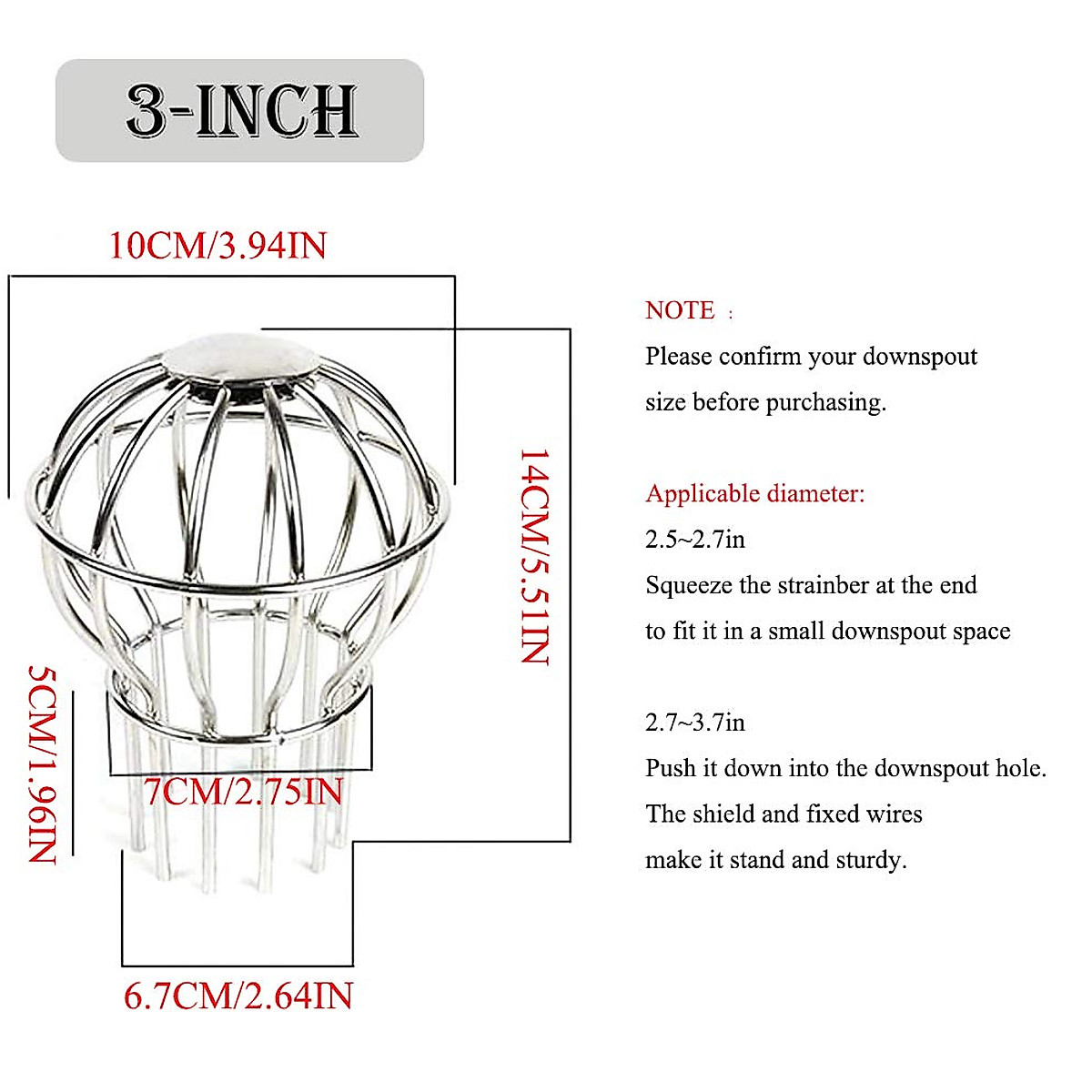 11Pcs Gutter Guard Downspout Leaf Filter Set, Aulufft 3 Inch 304 Stainless Steel Seeds Debris Down Pipe Gutter Balloon Guard Filter Strainer Gutter Protector Cleaner