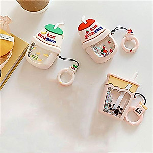 Rertnocnf Compatible with Earbuds Case Airpods 1 & 2, Creative 3D Quickstand Moving Bling Glitter Pearl Milk Tea Cup Cute Soft Silicone Protective Wireless Earphone Charging Case Decoration