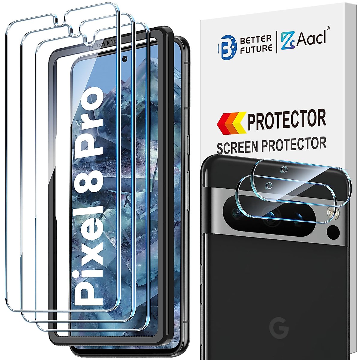 AACL Pixel 8 Pro Screen Protector Tempered Glass with Camera Lens Protector for Google Pixel 8 Pro Screen Protector，6.7 Inch [Fingerprint Unlock][Anti-Scratch] [9H] [3 +2 Pack ]